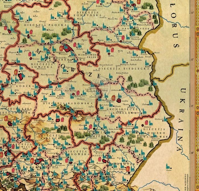 POLSKA MAPA ŚCIENNA MILENIJNA OZDOBNA PERGAMENA