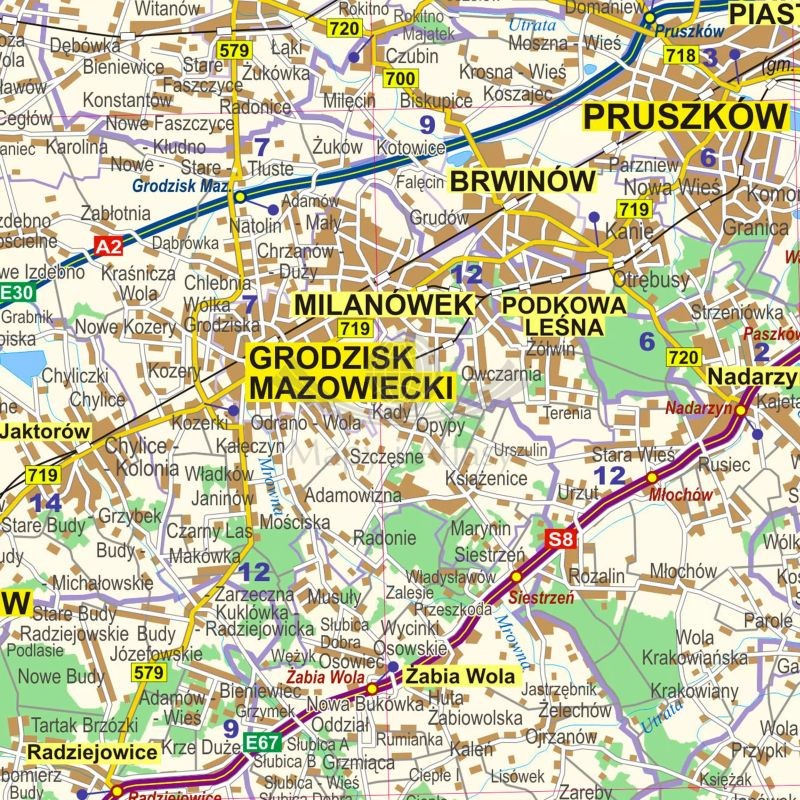 WARSZAWA I OKOLICE MAPA ADMINISTRACYJNA DROGOWA W RAMIE